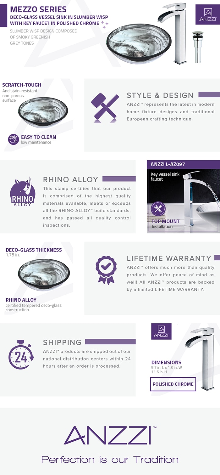 ANZZI Mezzo Series Deco-Glass Vessel Sink in Slumber Wisp with Key Faucet in Polished Chrome ...